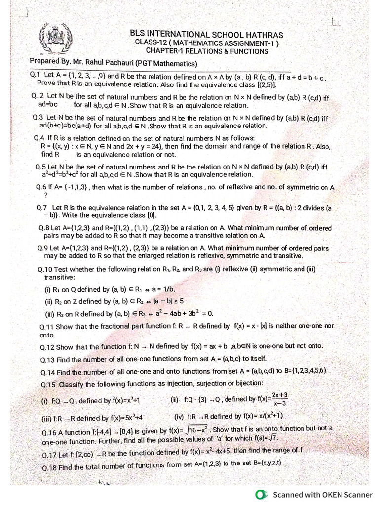 Assignment Ch-1 Relations and Functions | PDF