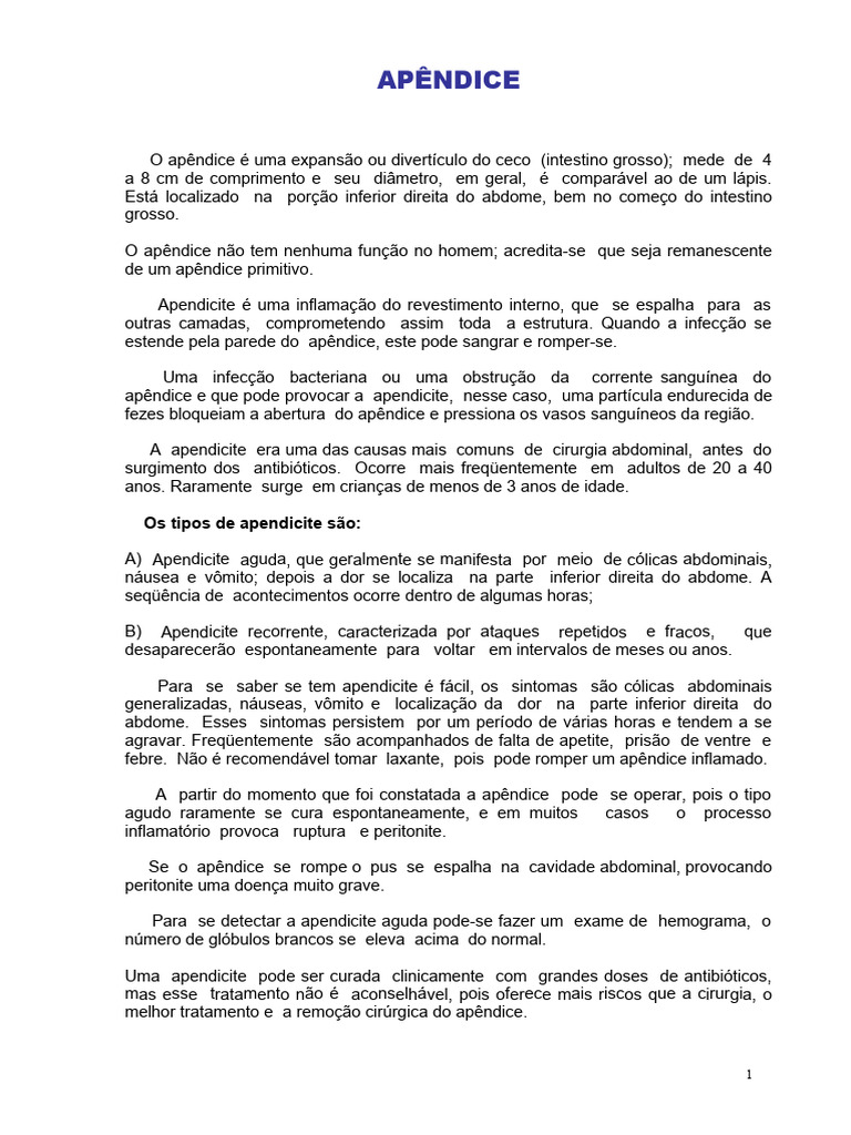 Apendicite: Sintomas e Tratamento | PDF | Doenças e distúrbios humanos ...