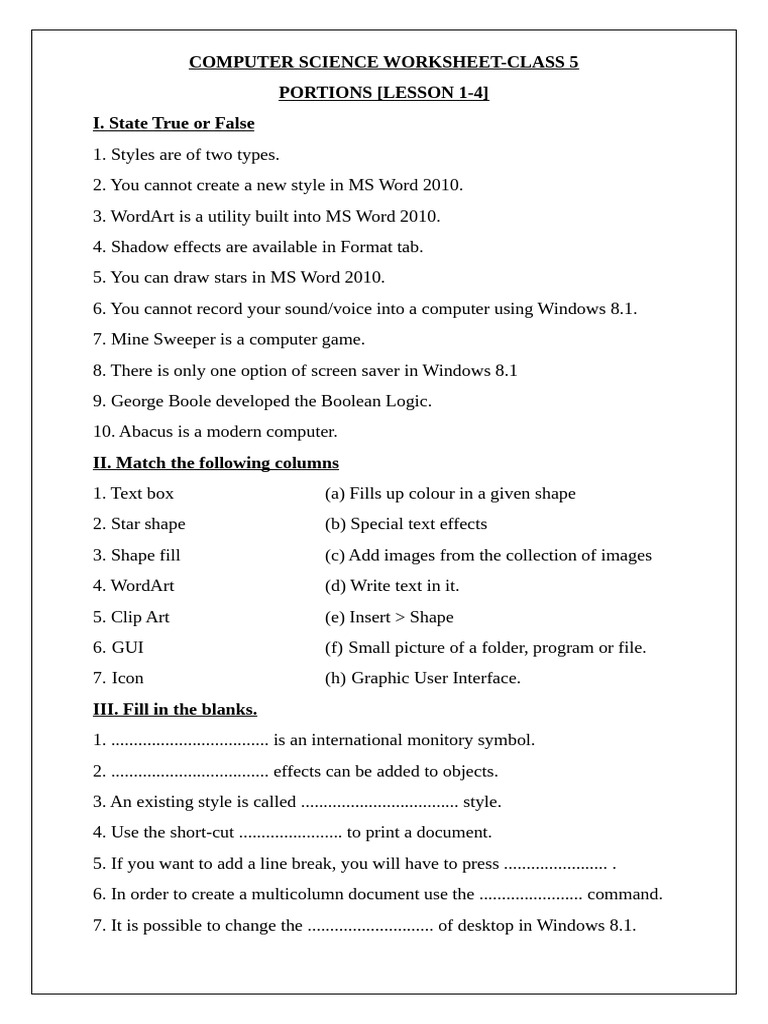 Computer Science Worksheet Class 5 | PDF | Graphical User Interfaces ...