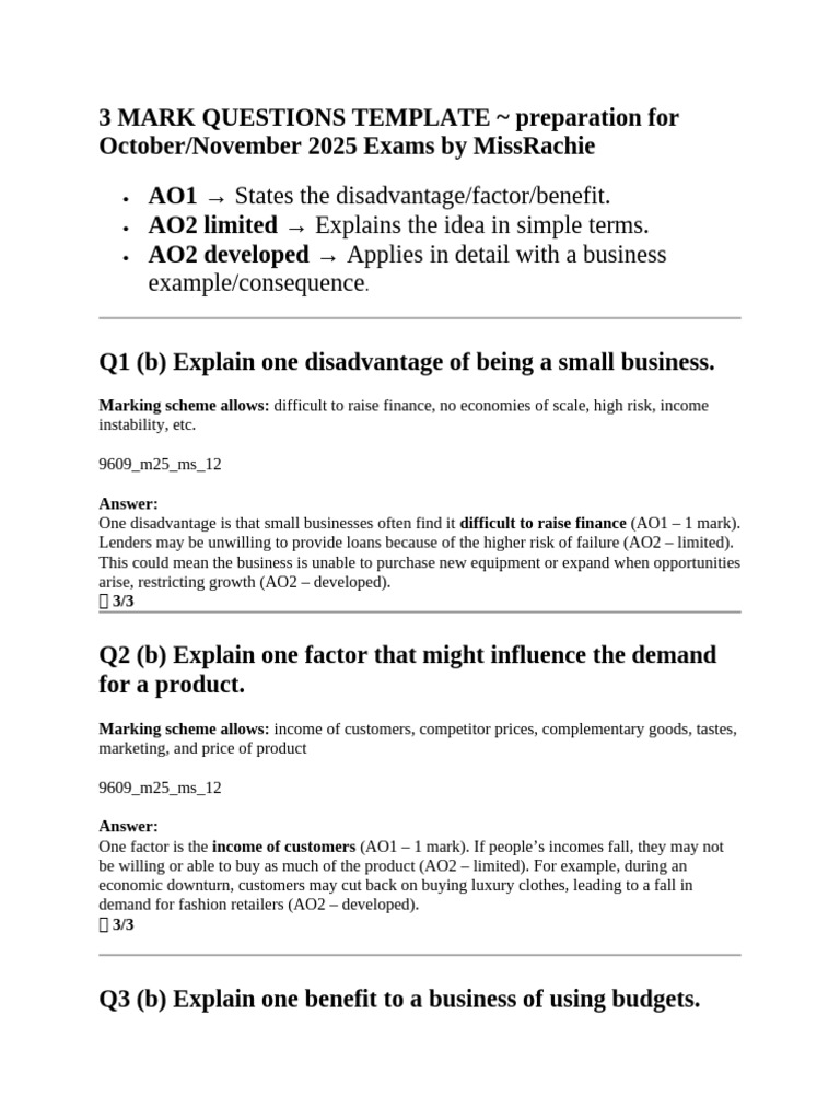 Business 3 Mark Question Guide | PDF | Employment | Risk