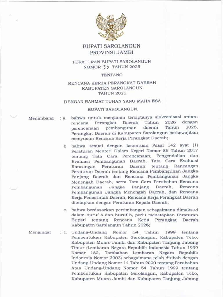 Perbup Nomor 33 Tahun 2025 Tentang Renja PD 2026 | PDF