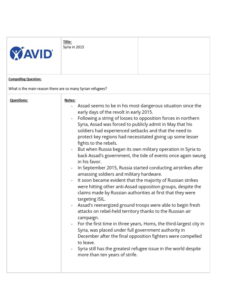 Cornell Notes - Refugee Syria 2015 | PDF | Syria | Refugees Of The ...