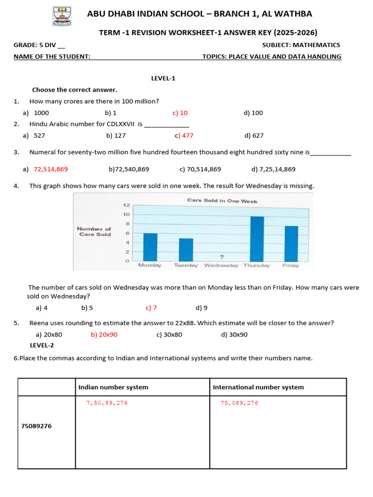 Grade 5 Math Revision Answer Key | PDF