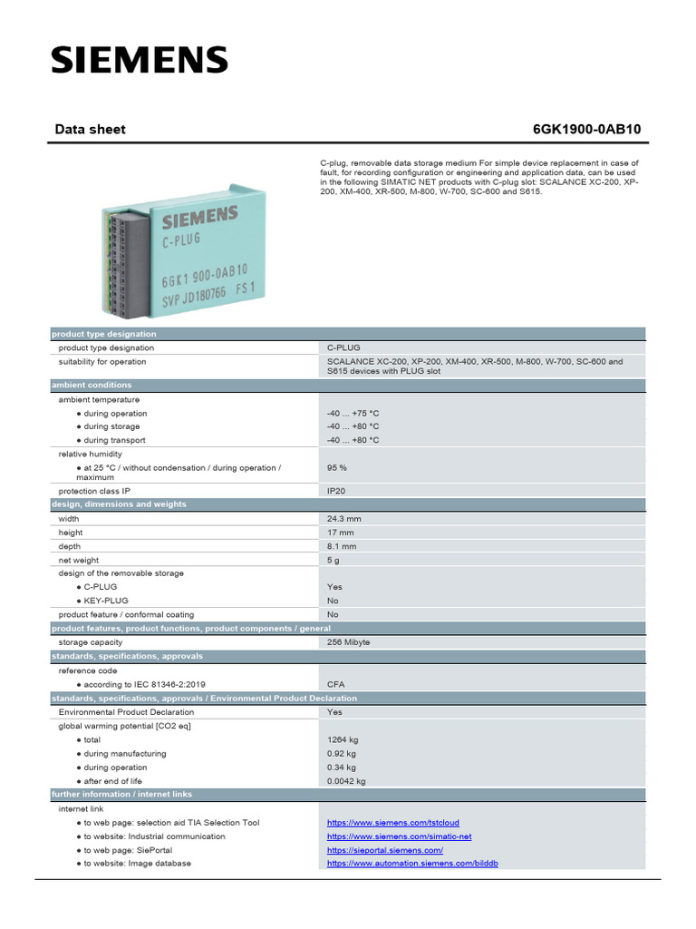 Siemens C-Plug Data Sheet 6GK1900-0AB10 | PDF | Computer Security ...