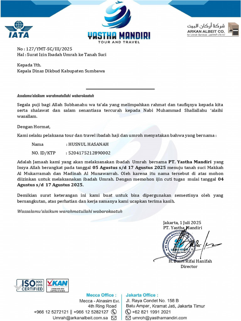 Surat Izin Umrah Husnul Hasanah 2025 | PDF