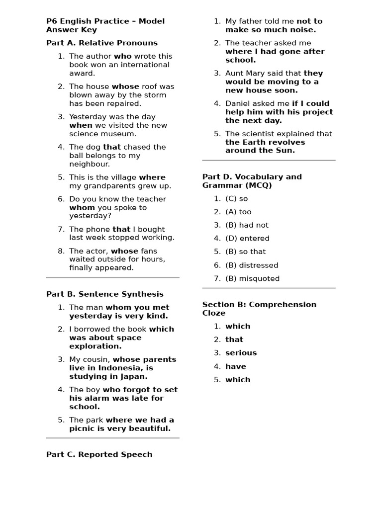 P6 English Practice 1 Answer Key | PDF