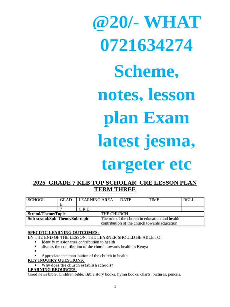 Grade 7 Cre Lesson Plan Term 3 | PDF | Bible | Learning