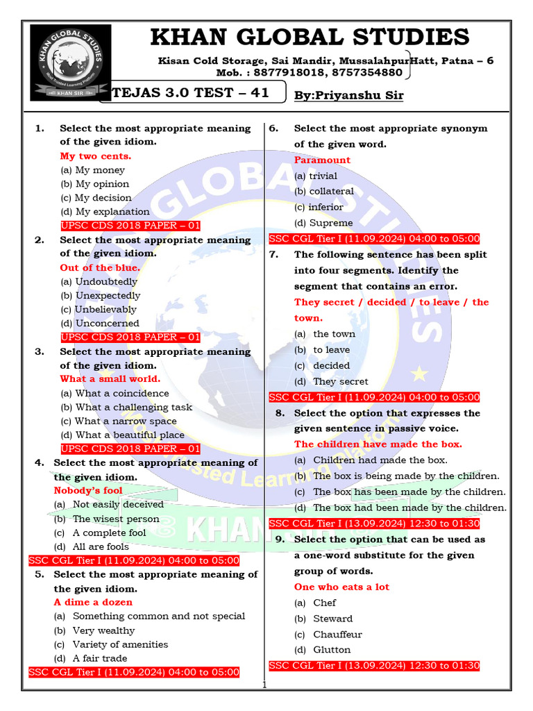 Idiom and Vocabulary Test Questions | PDF
