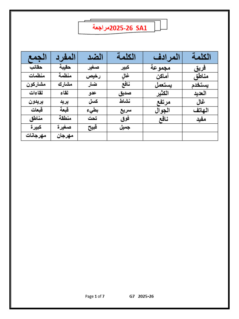 Arabic Revision Sheet SA1 G7 2025-26 N | PDF