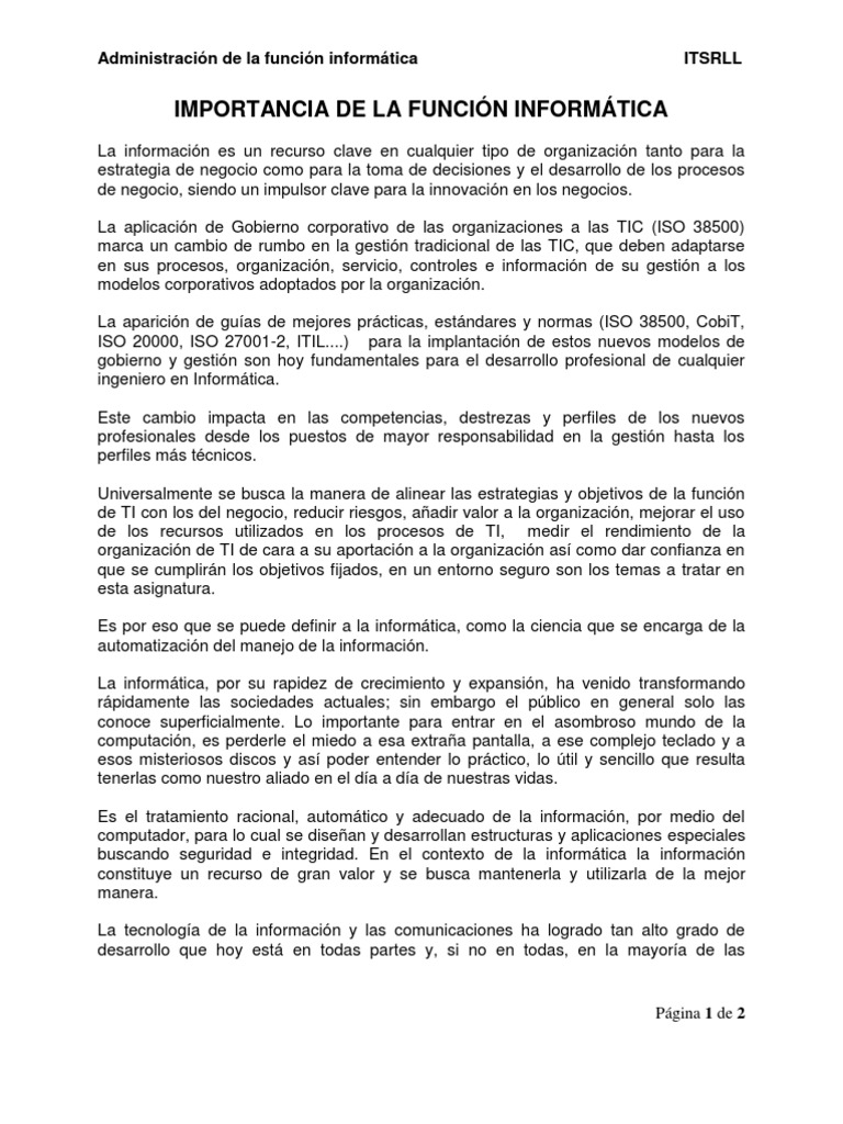 Importancia de La Función Informática | PDF | Ciencia y Tecnología ...