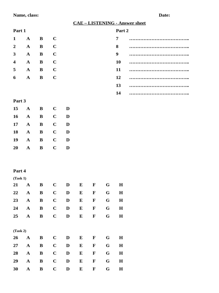 CAE Listening Answer Sheet | PDF