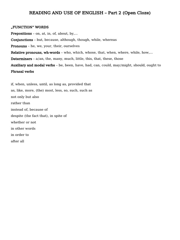 Open Cloze: Function Words Guide | PDF