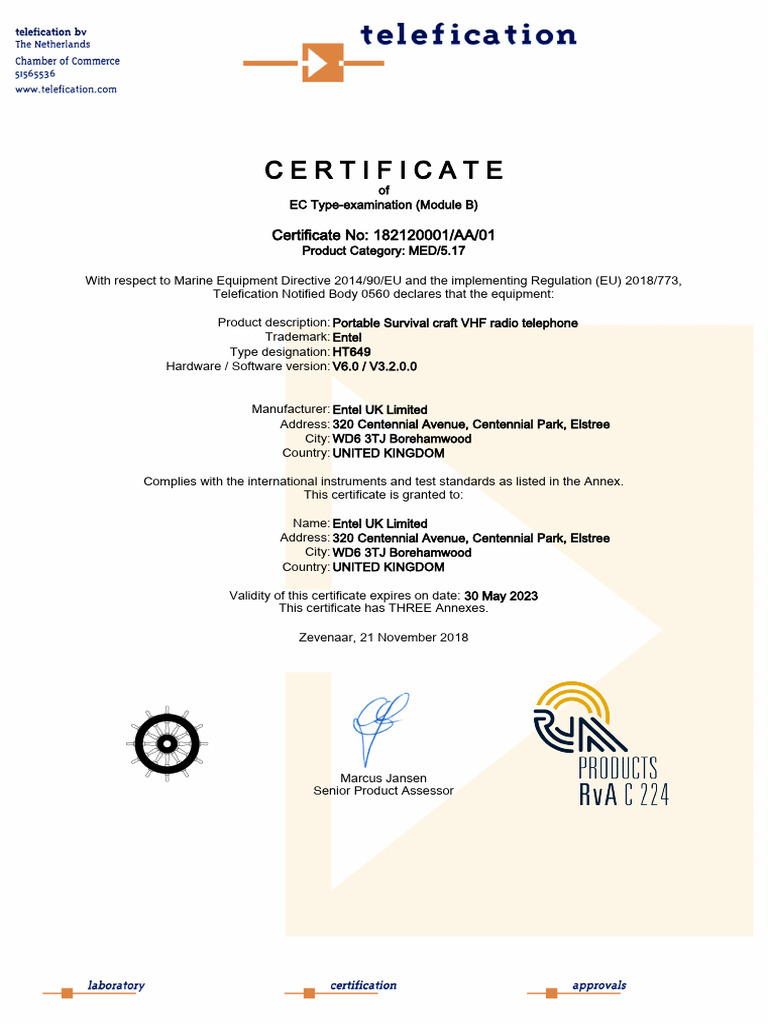 Type Approval Certificate of VHF TWO WAY - RADIO - HT649. | PDF | Radio ...