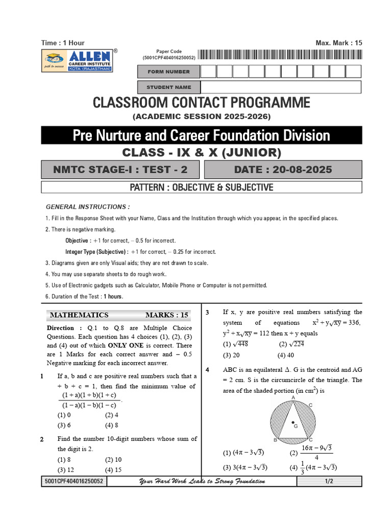 NMTC Stage-I Test Paper for IX & X | PDF | Mathematics | Elementary ...