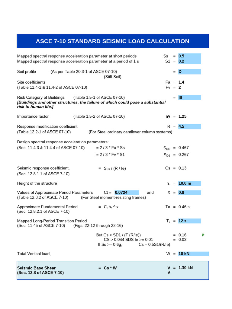 ASCE 7-10 Seismic Load Calculation Guide | PDF | Applied And ...