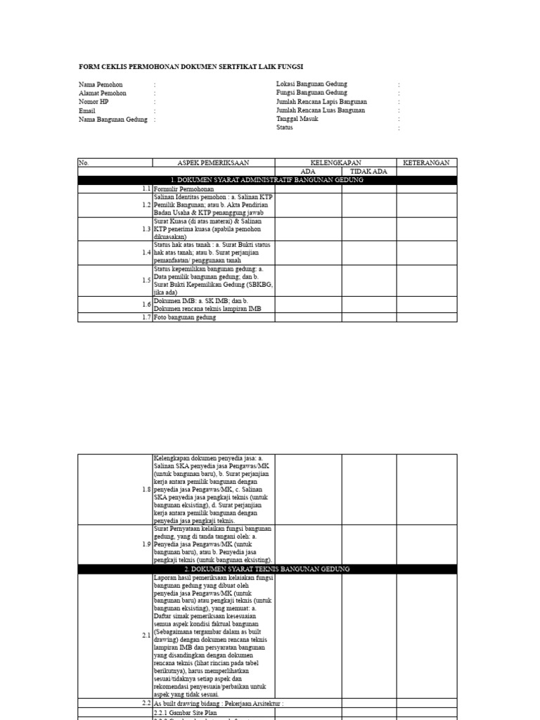 Ceklis Permohonan Sertifikat Laik Fungsi | PDF