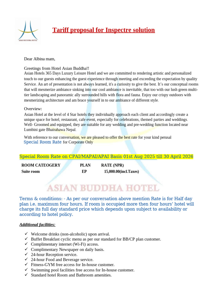 Asian Buddha Hotel Tariff Proposal | PDF | Hotel