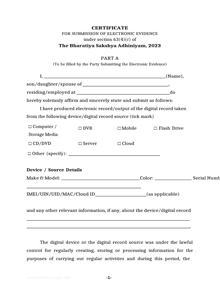 Electronic Evidence Certificate Format | PDF | Computer Science ...