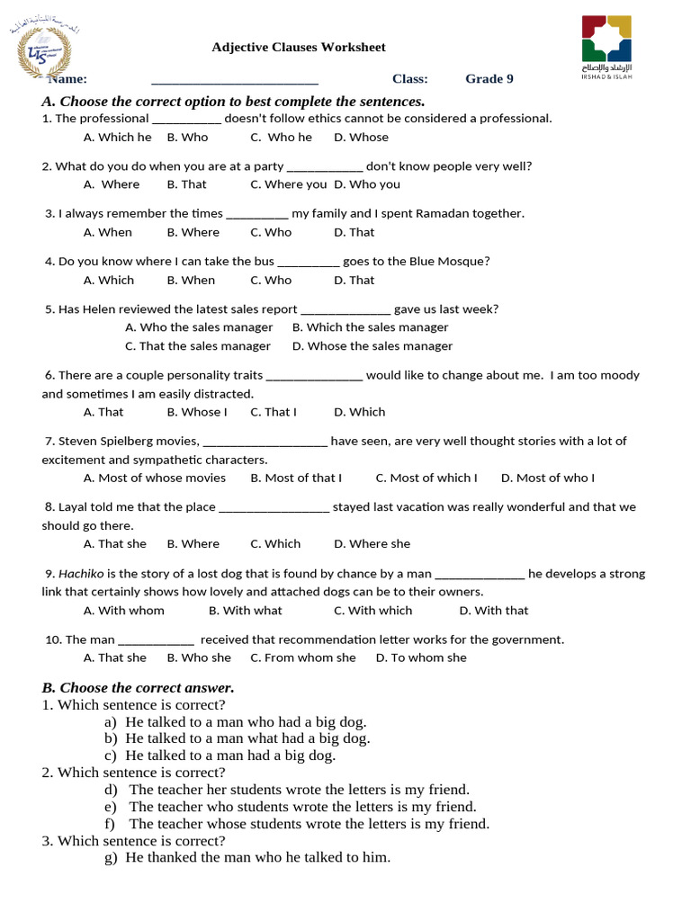 Adjective Clauses Worksheet | PDF