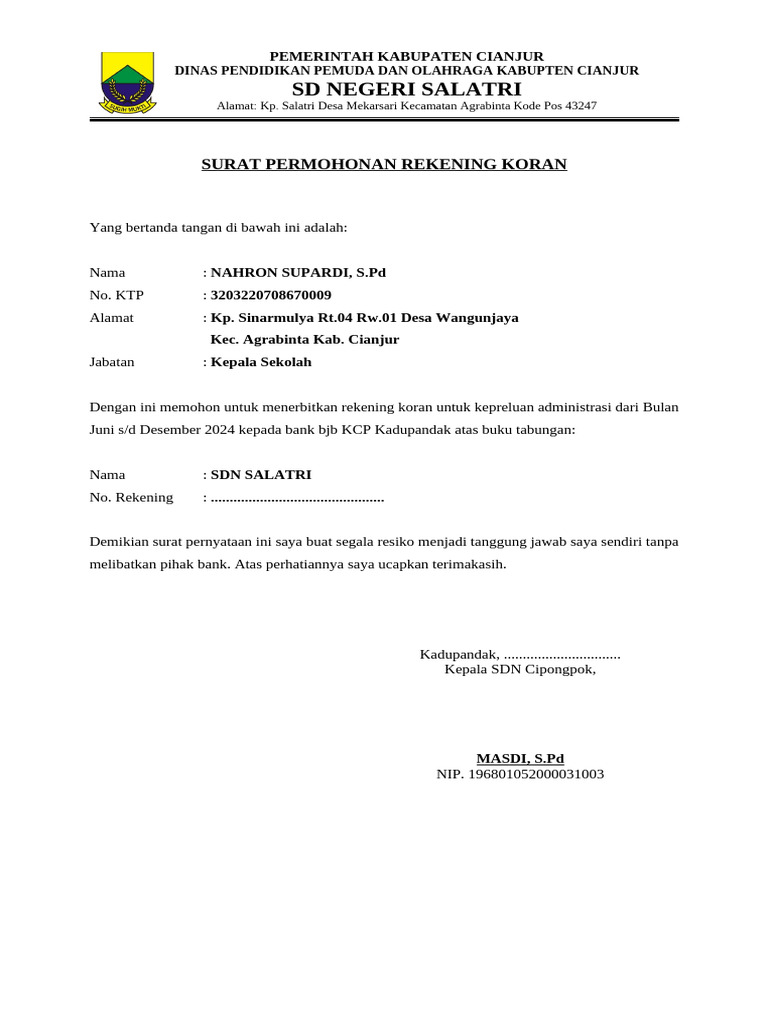 Surat Permohonan Rekening Koran BJB | PDF
