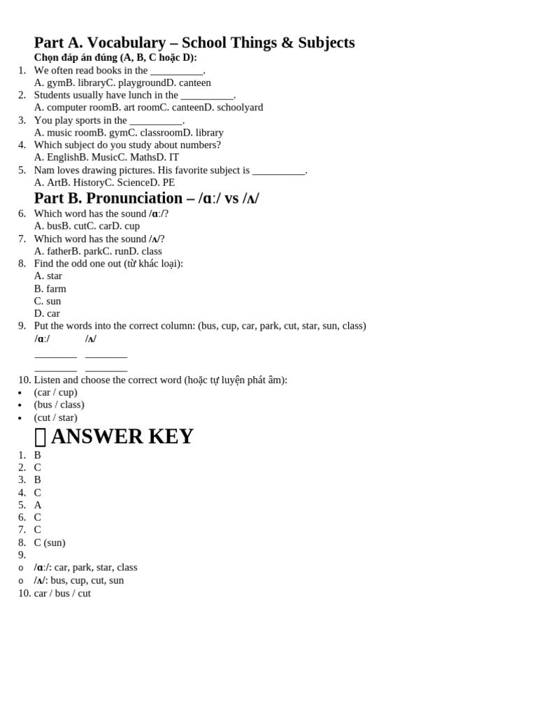 Answer Key: Part A. Vocabulary - School Things & Subjects | PDF