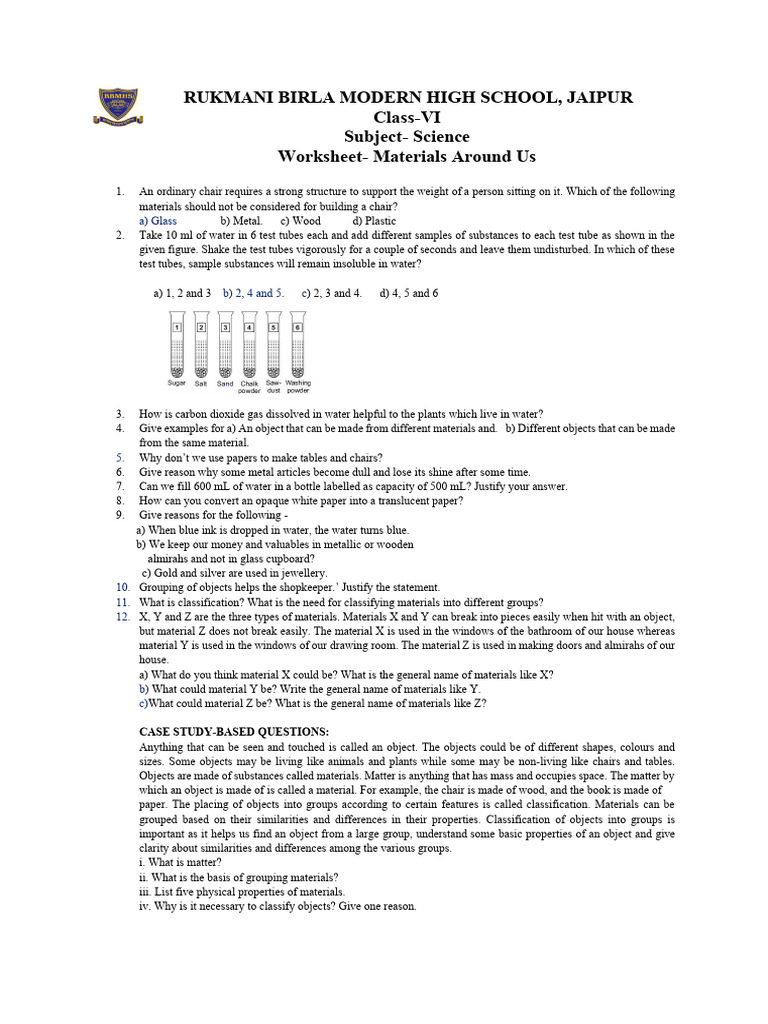 Class 6 Science Worksheet (Materials Around Us) | PDF | Matter | Water