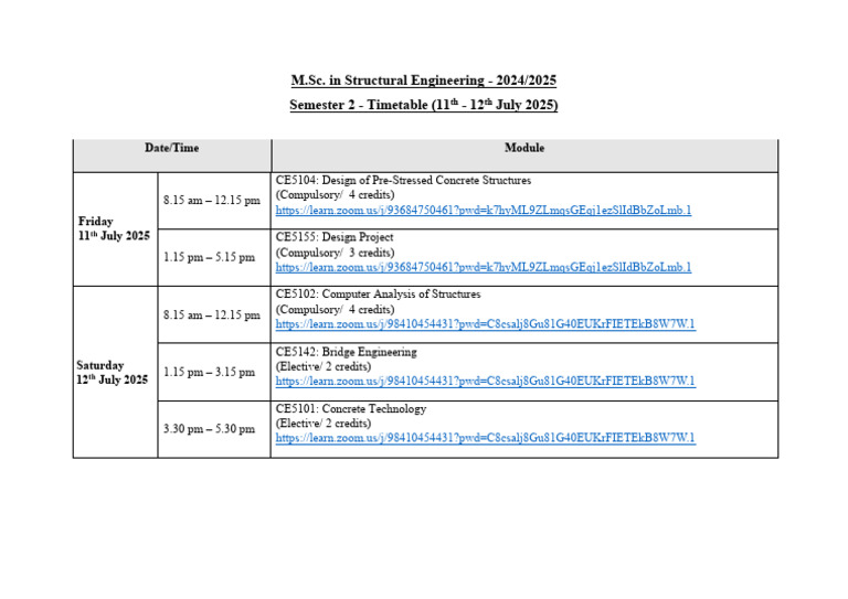M.Sc. Structural Engineering Timetable 2025 | PDF