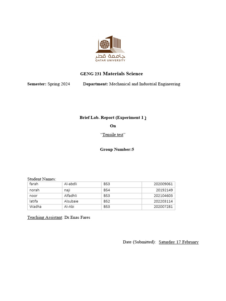 نسخة Brief Report- Tensile Test- Lab 1 2 copy⁩ | PDF | Ultimate Tensile ...