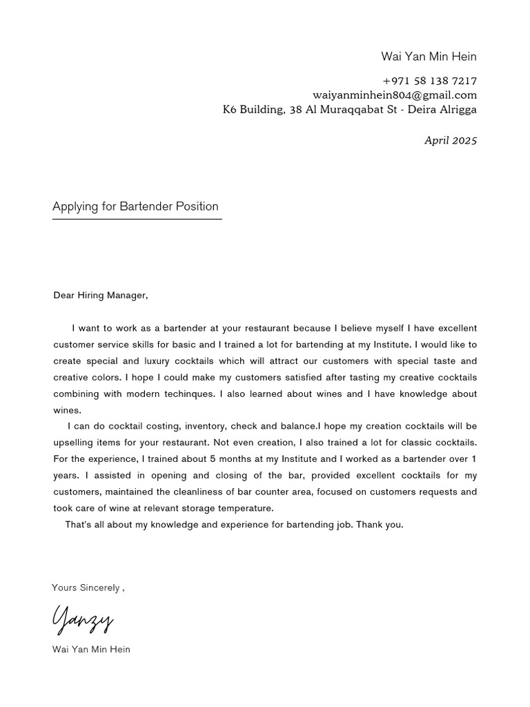 Bartender Cover Letter Application | PDF