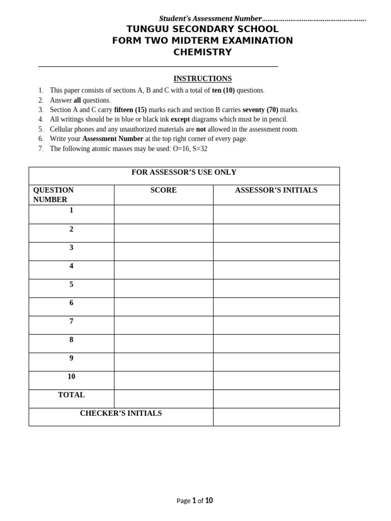 Form Two Chemistry Midterm Exam Guide | PDF | Atoms | Isotope