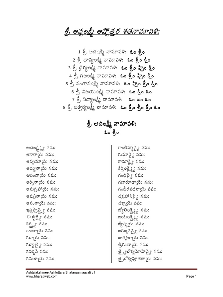 Ashta Lakshmi 108 Names | PDF