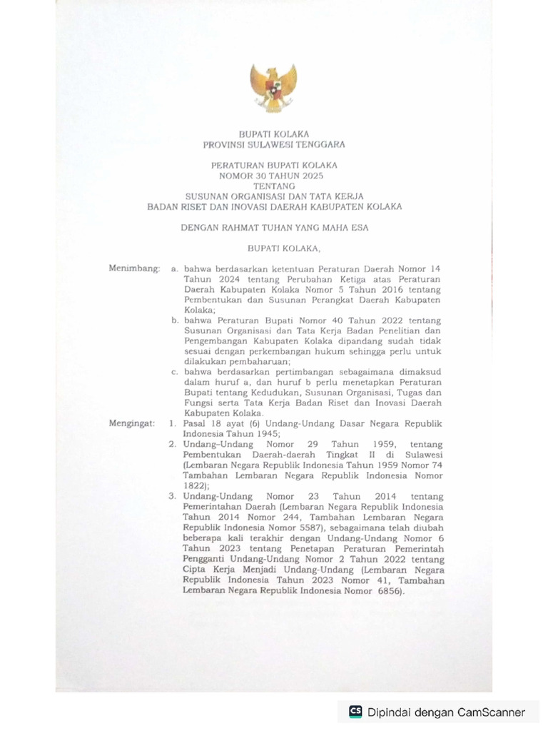Perbup No. 30 Tahun 2025 SOTK BRIDA Kolaka | PDF