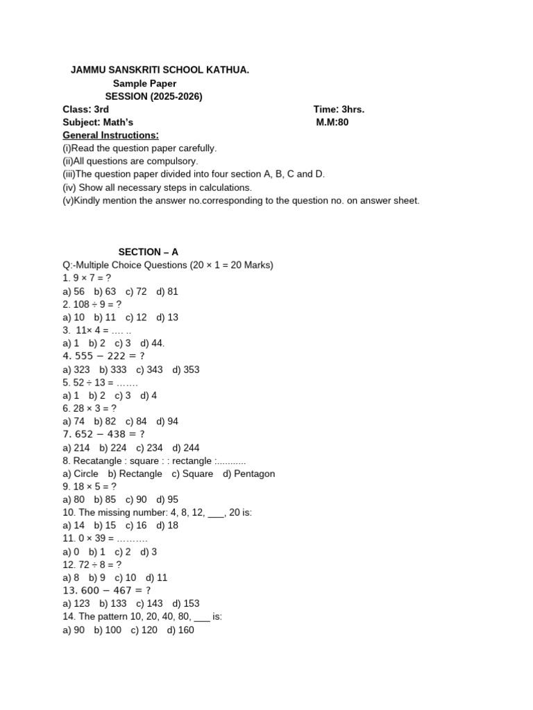Class 3 Math Sample Paper 2025-2026 | PDF | Division (Mathematics ...