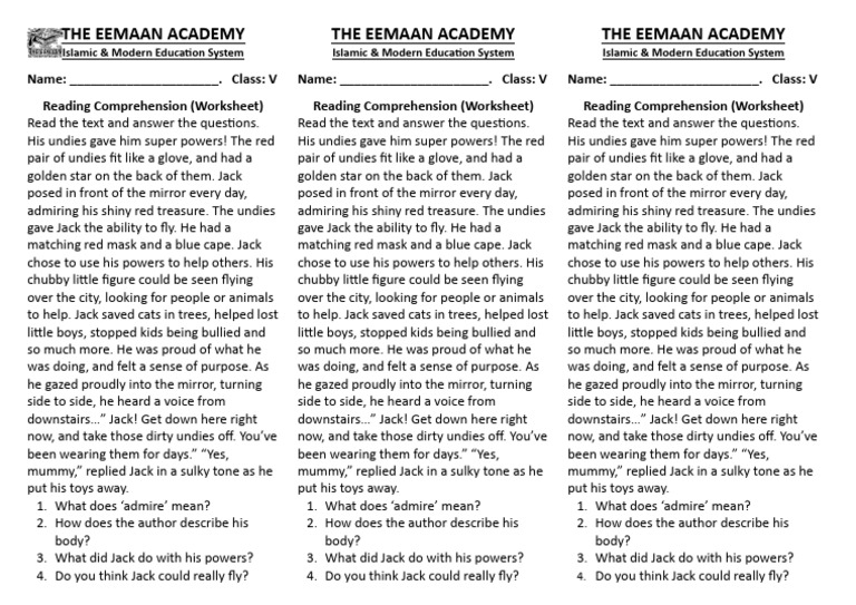 Class 5 Reading Comprehension Worksheet | PDF