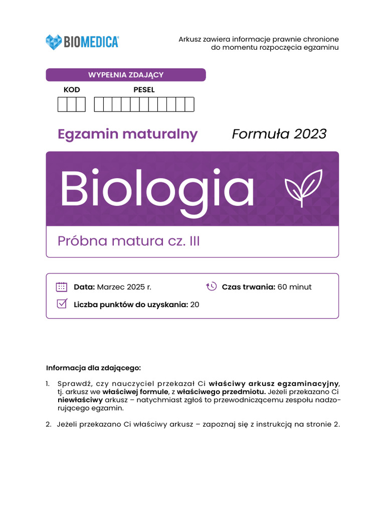 Arkusz III Biologia Matura 2025 Biomedica Marzec | PDF