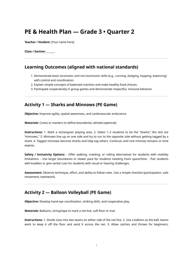 Pe & Health Plan - Grade 3 Quarter 2 (template) | PDF | Behavior ...