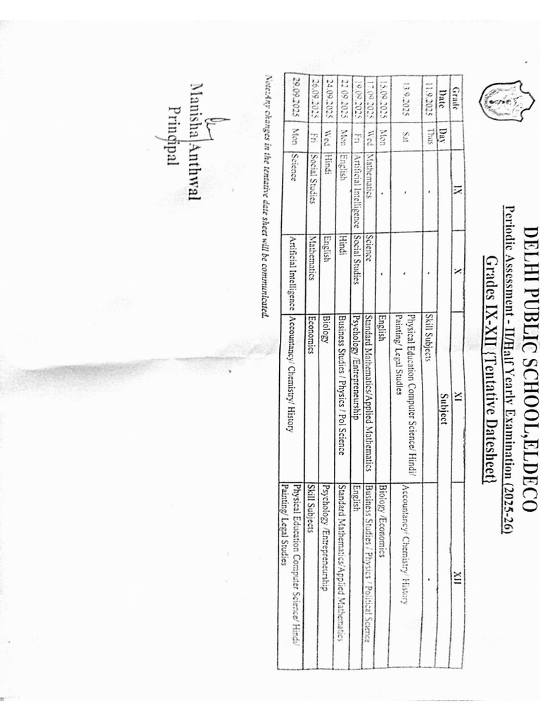 DPS Exam Date Sheet and Syllabus 2025-2026 | PDF