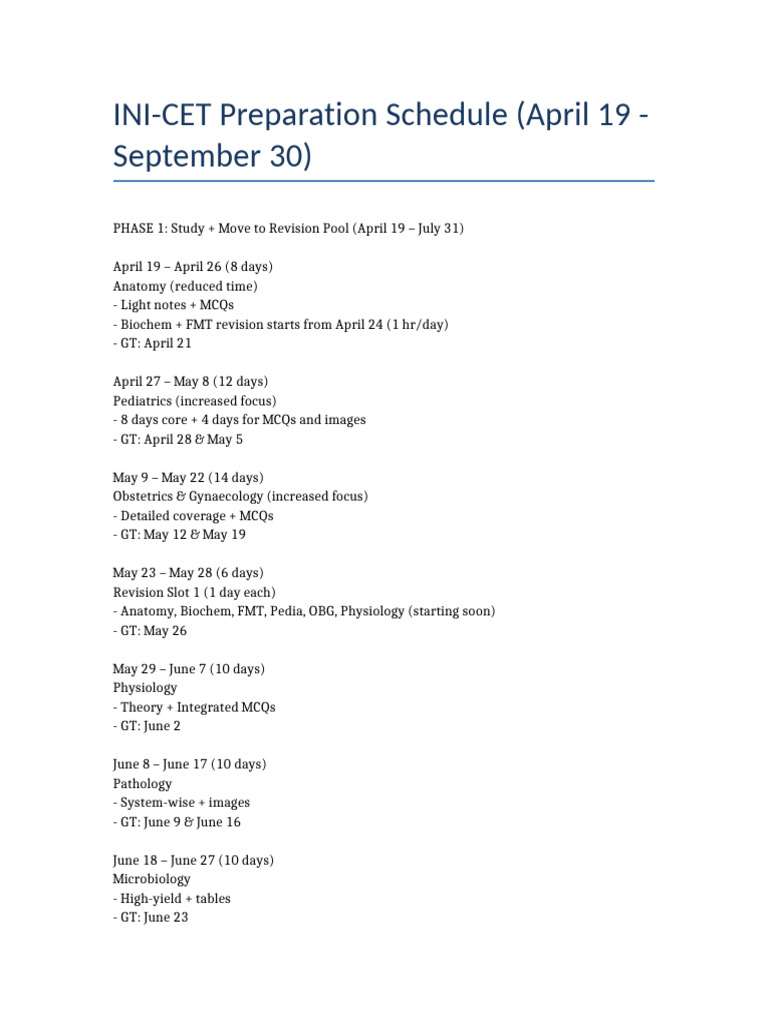INI-CET Study Schedule 2023 | PDF