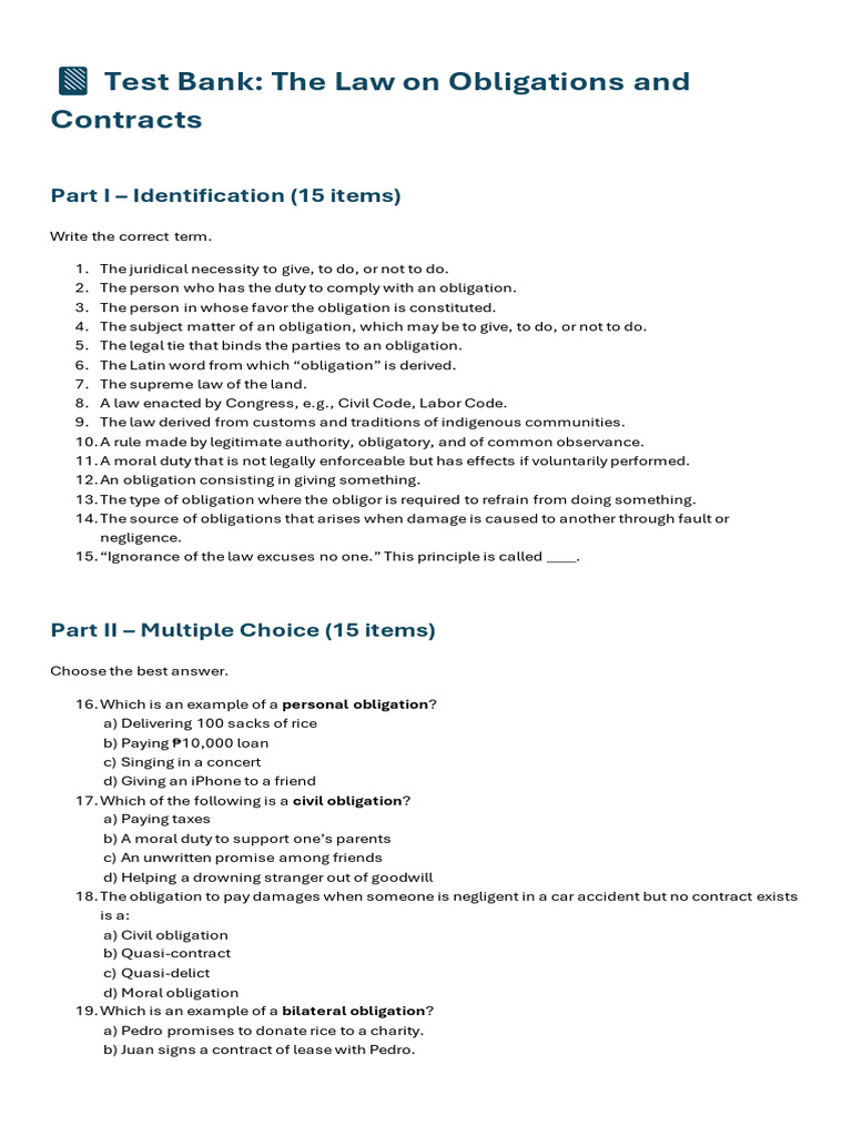 Test Bank on Law of Obligations | PDF | Law Of Obligations | Legal ...