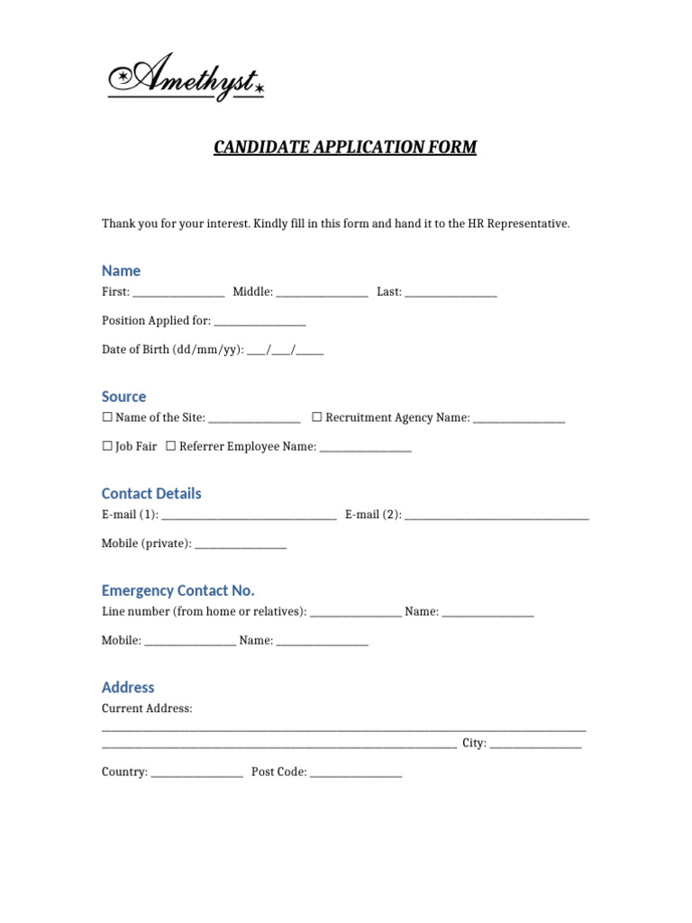 Candidate - Application - Form - Amethyst Cafe | PDF | Background Check | Justice