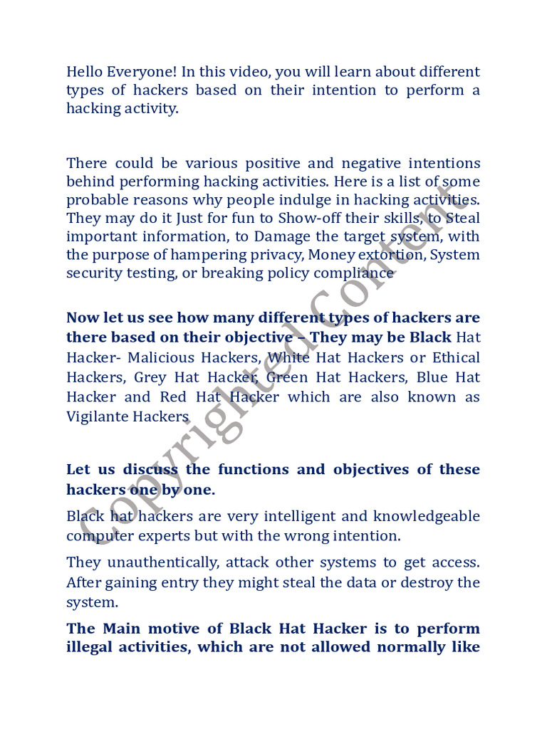 Types of Hackers Script | PDF | Security Hacker | White Hat (Computer ...