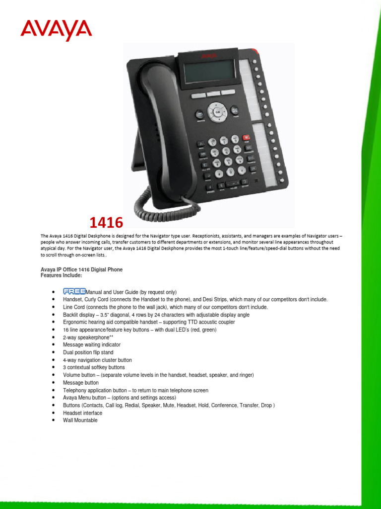 Avaya 1416 Deskphone User Guide | PDF