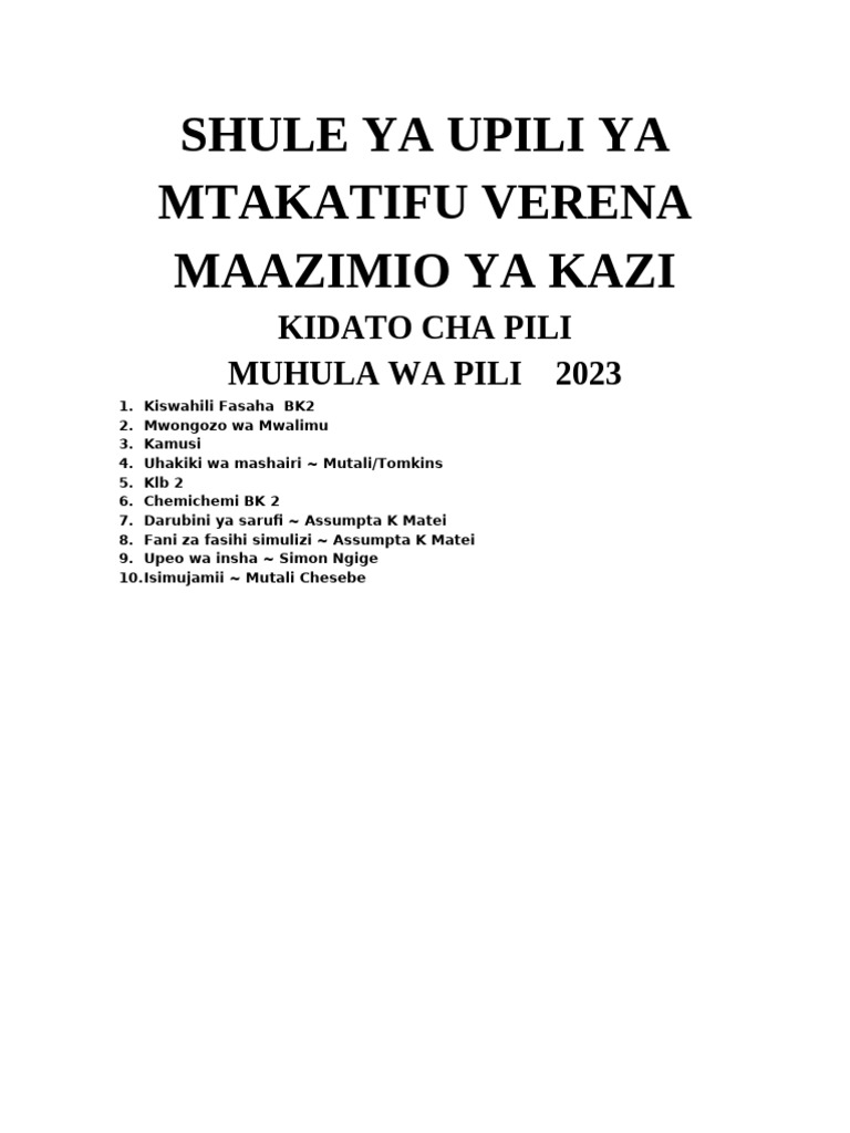 Kiswahili Schemes of Work Term 2 2023 | PDF