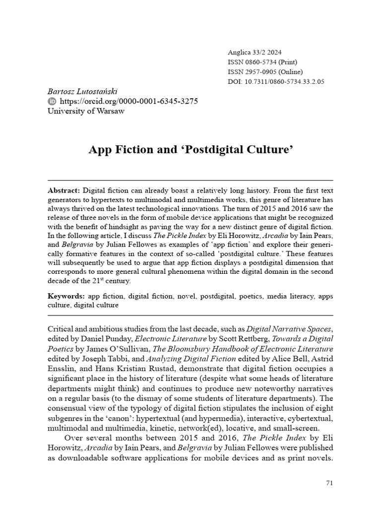 App Fiction and Postdigital Culture | PDF | Narrative | Mobile App