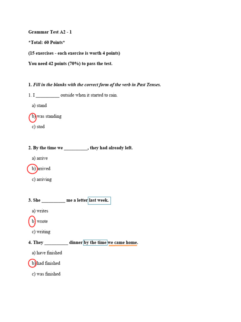 A2 Grammar Test: Past Tenses & More | PDF | Linguistic Typology ...