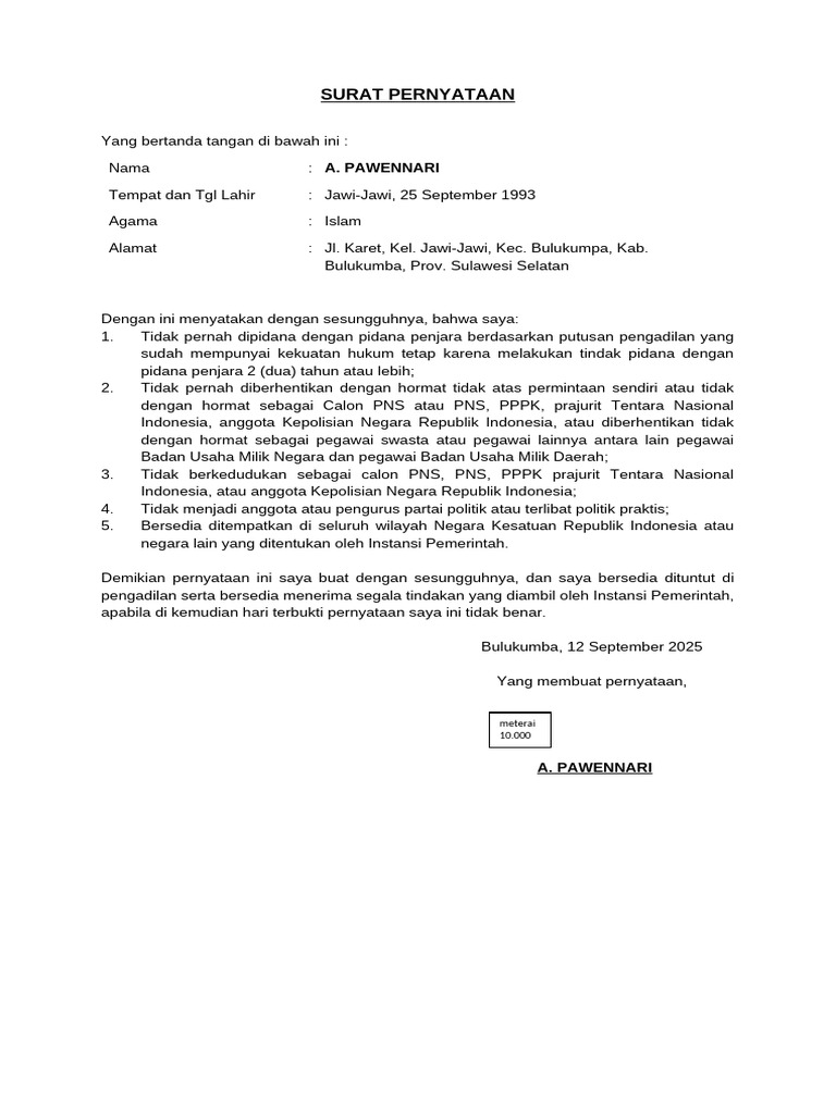 Surat Pernyataan SLASH | PDF