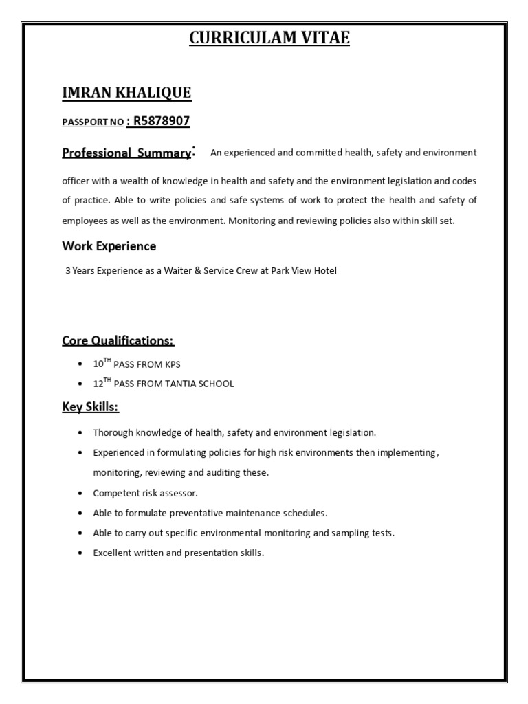 Imran Khalique: HSE Officer CV | PDF