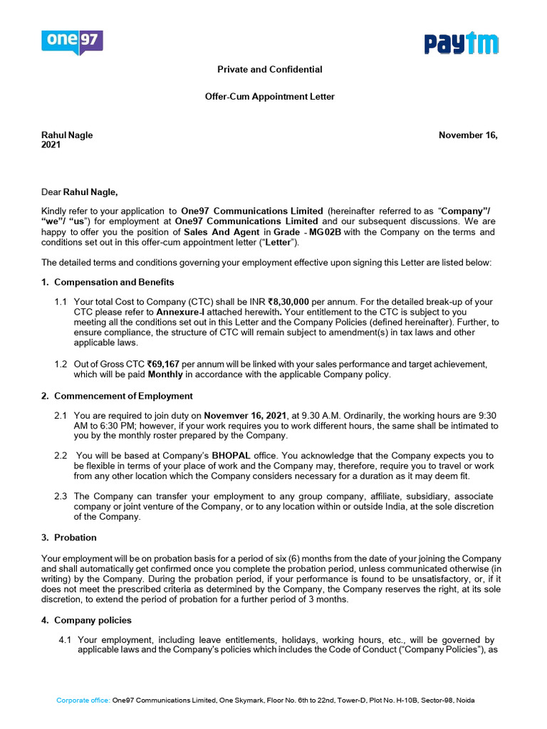 One97 Communications Job Offer Letter | PDF | Intellectual Property ...