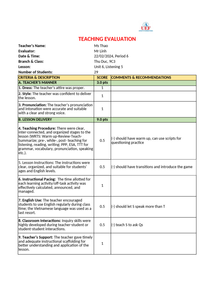 Teaching Evaluation Reports for ESL Classes | PDF | Teachers ...