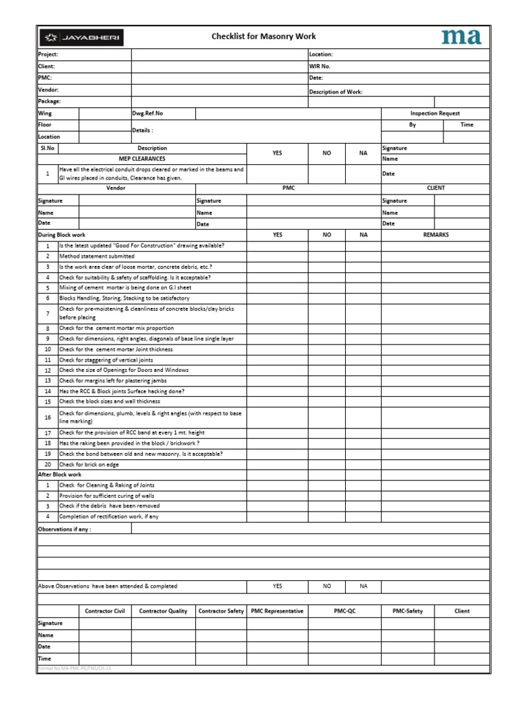 Block Work Checklists - Execution | PDF | Masonry | Brick